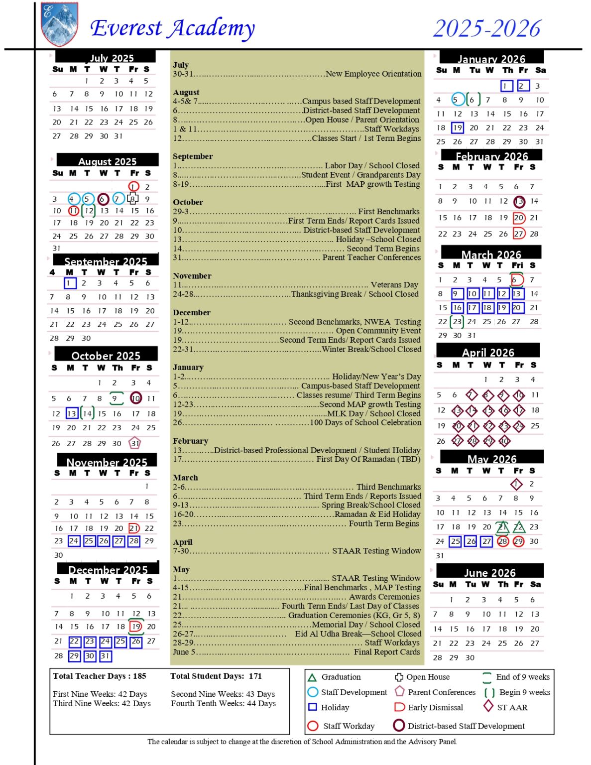 Academic Calender – Education Center in Houston, School in Texas